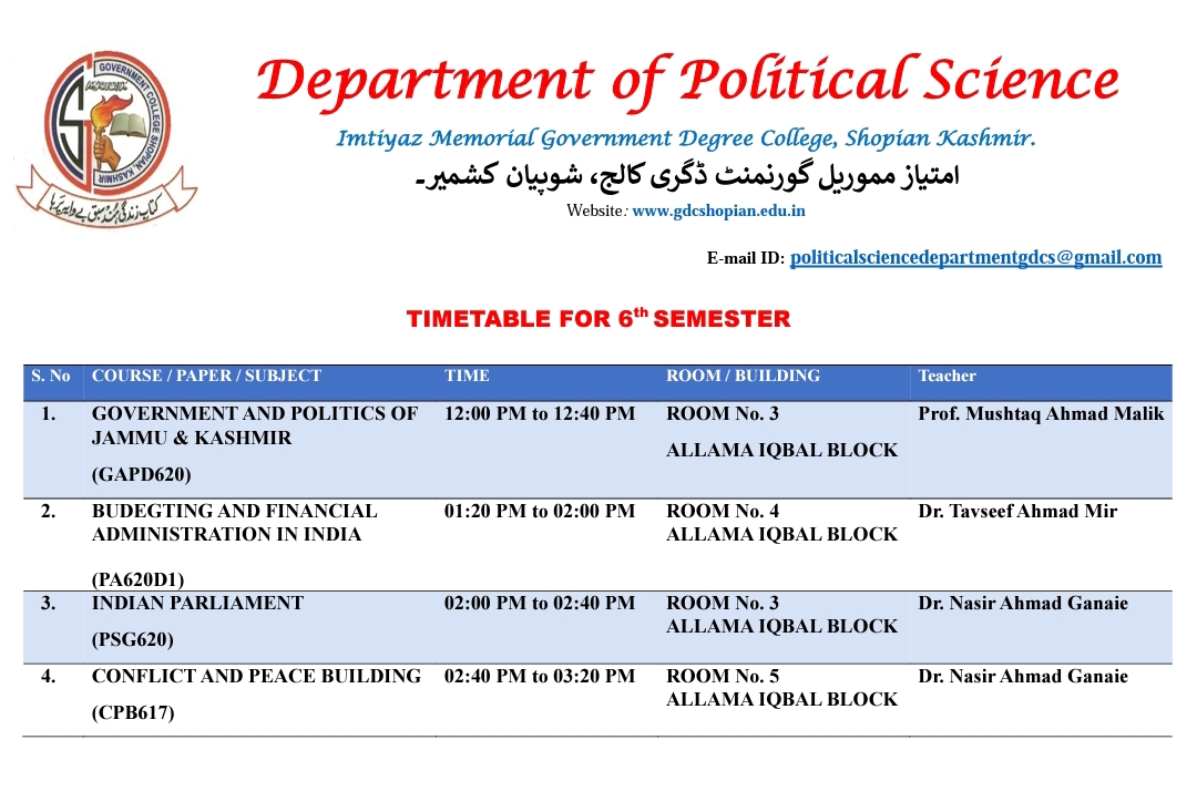 Timetable for 6th semester | Department of Political Science